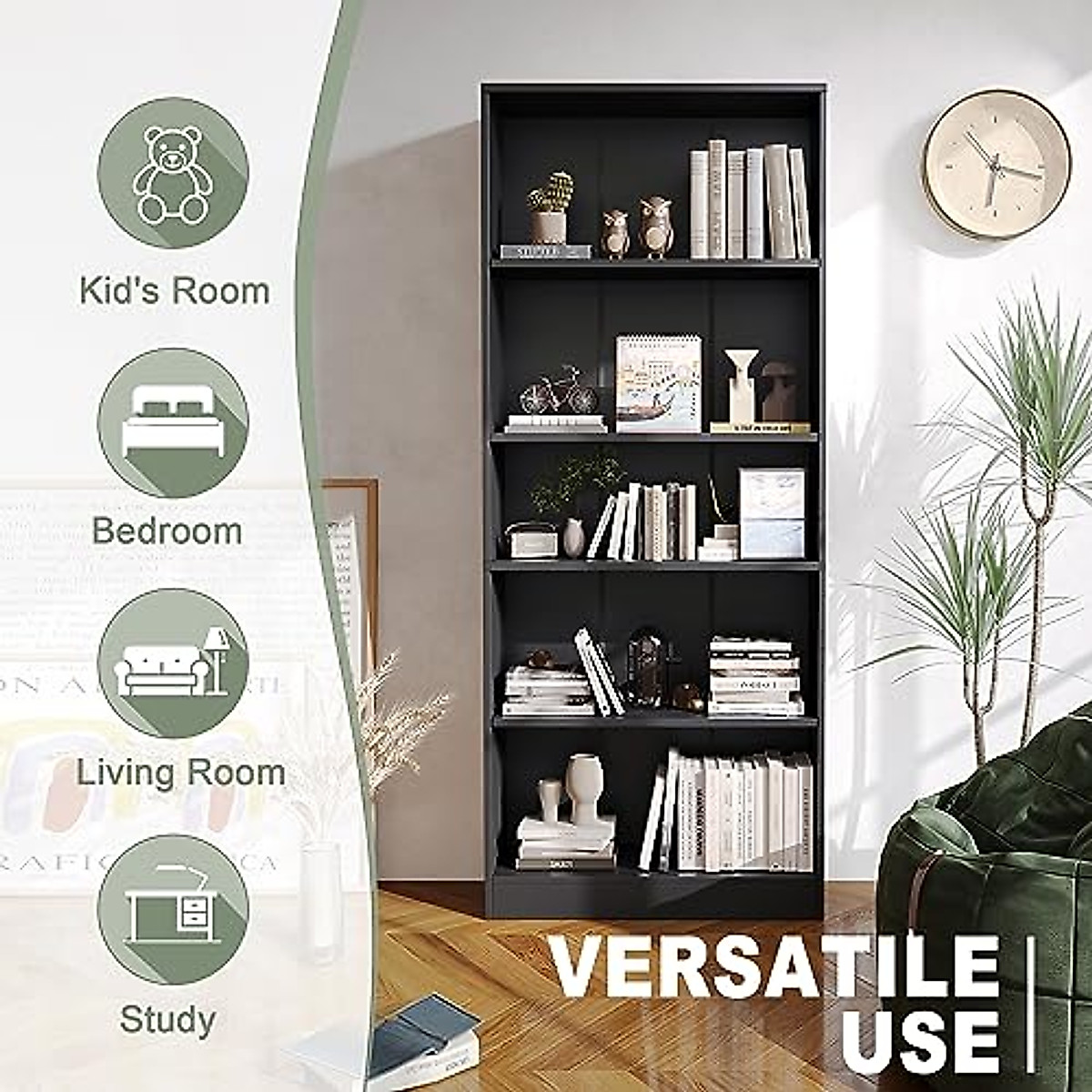 VICLLAX 5-Shelf Wood Bookcase, Wide Adjustable Open Bookshelf, Tall Display Storage Shelf for Living Room, Bedroom, Kids Room, Office, Black