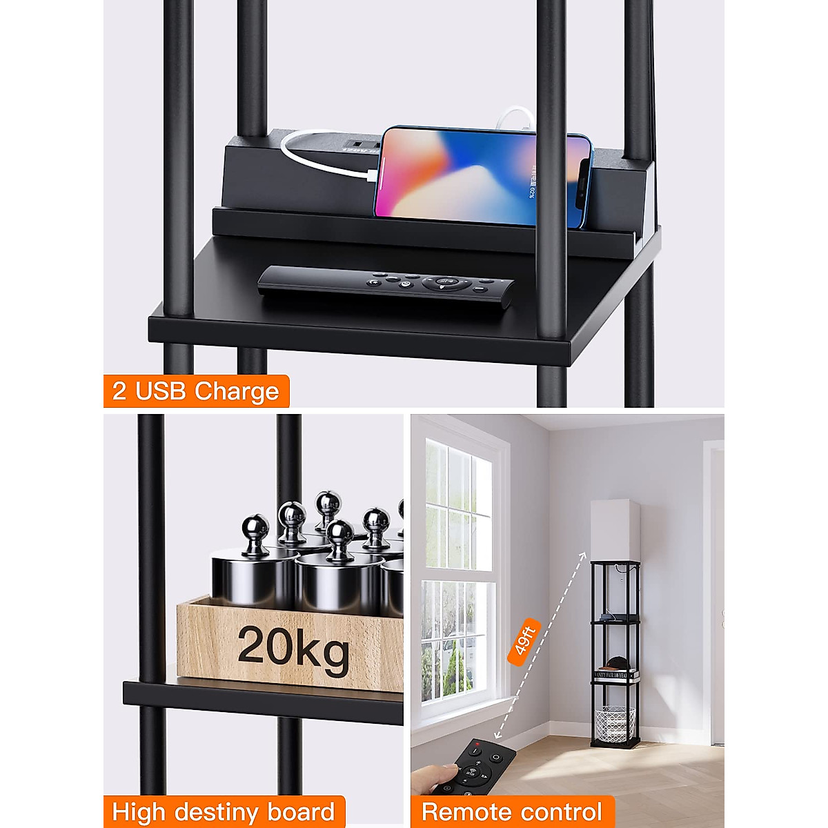 addlon Shelf Floor lamp with Remote, with 2 USB Charging Ports and 1 Power Outlet, Floor lamp with Shelves for Living Room, Bedroom and Office - Black