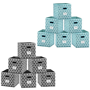 homyfort Foldable Cube Storage Bins 11x11 inches, Fabric Storage Bin Baskets Box Organizer with Labels and Dual Plastic Handles for Shelf Closet, Nursery, Set of 12 (Blue and Grey)