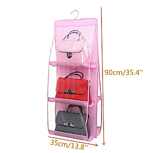 HAN SHENG 2 Pcs 6 Pockets Hanging Purse Handbag Organizer Clear Hanging Shelf Bag Collection Storage Holder Purse Bag Wardrobe Closet Space Saving Organizers (Pink)