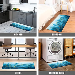 chiinvent Blue Kitchen Rugs Gold Stripes Modern Ink Art Decor Kitchen Floor Mat Cushioned Memory Foam Padded PVC Leather Heavy Duty Comfort Standing Runner Rugs, 17.3x28+17.3x47 inch