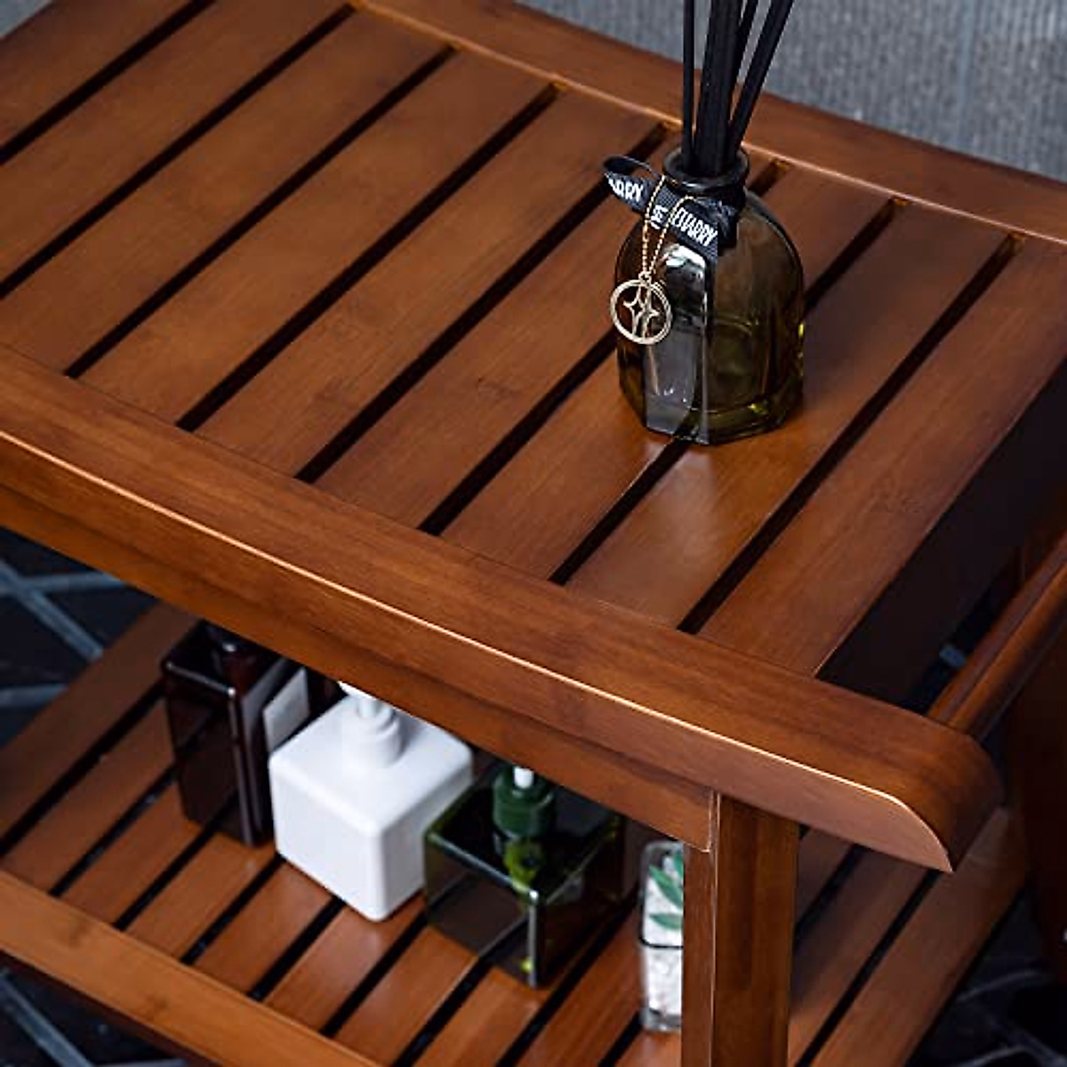 Forevich Bamboo Shower Bench Stool with Storage Shelf Waterproof Shower Chair Spa Bath Seat Excellent for Indoor Use Chestnut Brown