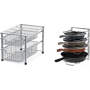 SimpleHouseware Stackable 2 Tier Sliding Basket Organizer Drawer + 5 Adjustable Compartments Pan and Pot Lid Organizer Rack, Chrome