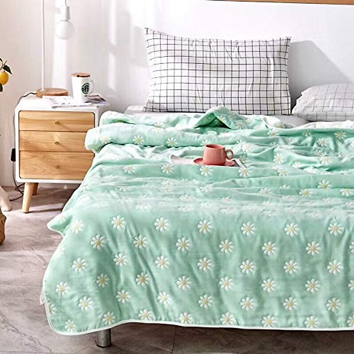 SANACYNA 6-Layer Gauze 100% Cotton Muslin Blanket Sunflower Queen Size 90"x90" Bed Blanket Lightweight Soft And Breathable Blanket For Sofa Bed Coverlet All Seasons Both sides (Green, Queen (90"x90"))