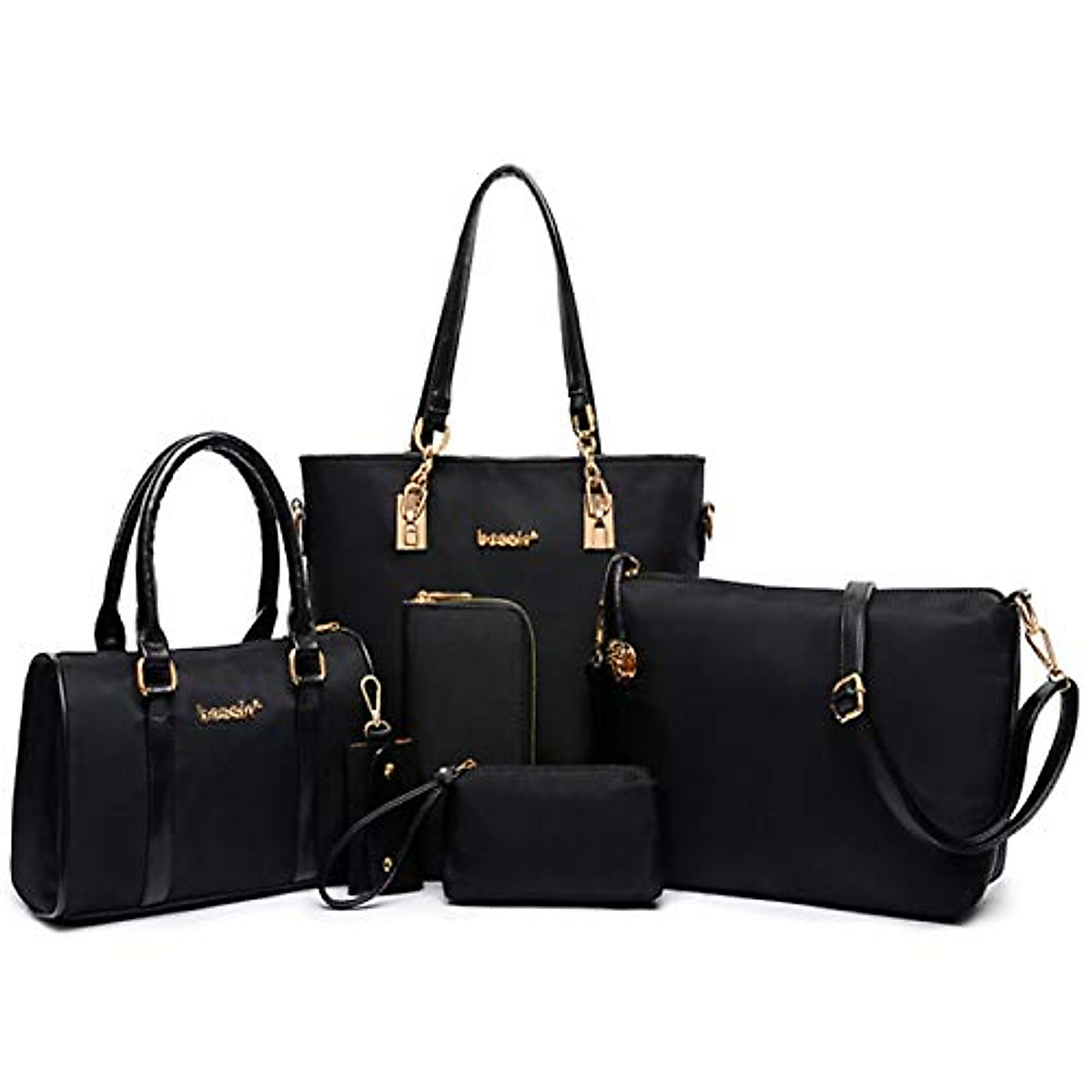 RainboSee Women Handbag and Purse 6Pcs Tote Satchel Top Handle Crossbody Shoulder Bag Clutch Wallet Key Case Black