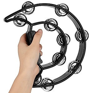 MUKLEI 4 Pack 9 Inch Double Row Tambourine, Half Moon Musical Tambourine, Metal Jingles Hand Held Percussion Drum with Ergonomic Handle Grip for KTV, Party, Gift, Black