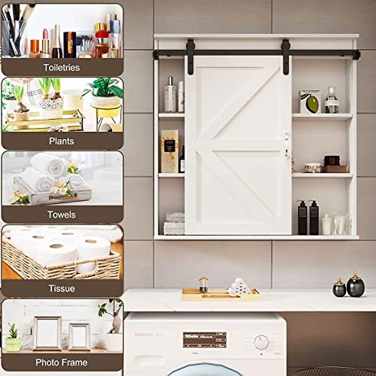 Wood Storage Wall Cabinet,Bathroom Hanging Cabinet with Sliding Barn Door and 3 Tiers Adjustable Shelf, Medicine Cabinet or Farmhouse Storage Wall Cabinet for Kitchen, Bathroom, Living Room,White