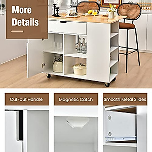 Giantex Kitchen Island Cart Drop-Leaf Countertop, Rubber Wood Breakfast Dining Table w/Large Drawer, Storage Shelves, 4-Tier Spice Rack, Rolling Serving Cart on 5 Wheels for Home Coffee Bar (White)