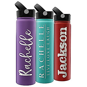Personalized Water Bottle w Straw Lid Double Wall Insulated | 24 oz - 16 Designs - 9 Colors | Custom Water Bottle w Name and Text, BPA Free - Non Sweat - Vacuum Insulated