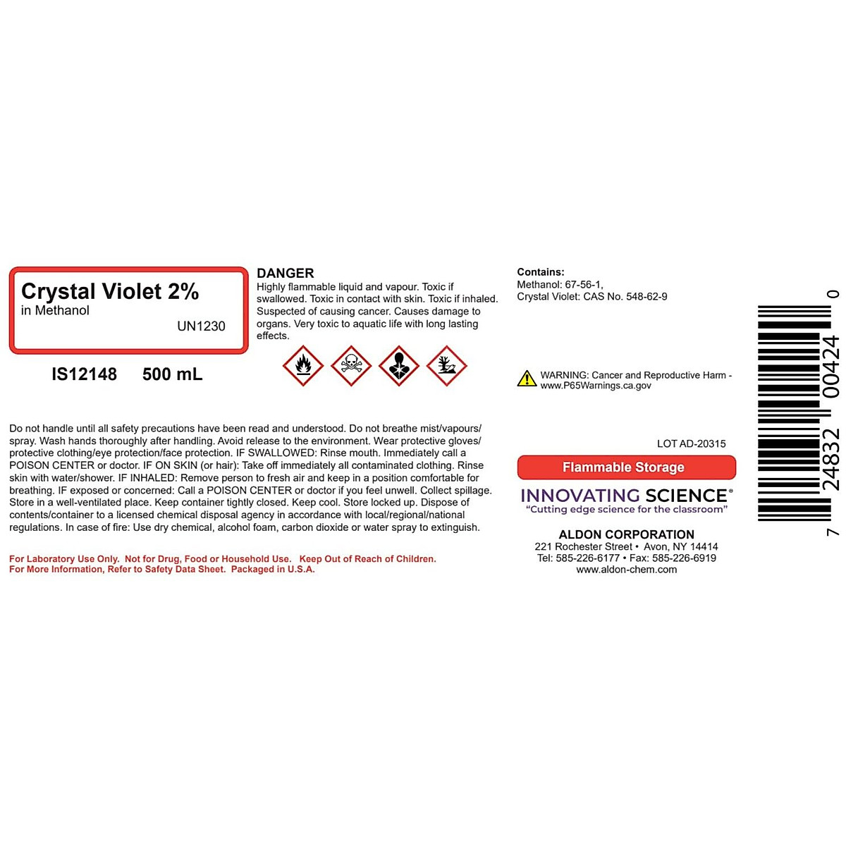 ALDON Innovating Science 2% Crystal Violet (Menthol) Solution, 500mL - The Curated Chemical Collection