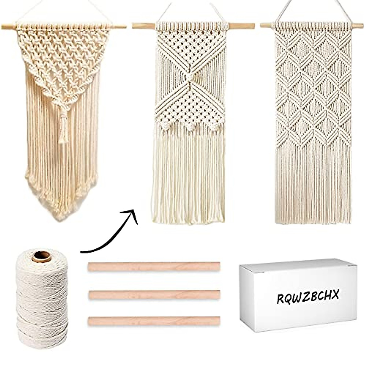 DIY Macrame Wall Hanging Kits, 3 Patterns Macrame DIY Wall Hangers for Beginners, Home Decor with 200 Meters Macrame Cord, 3 PCS Wooden Dowels and Instruction Booklet for Macrame Starters