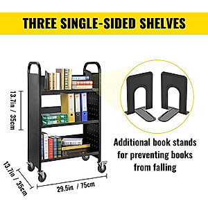 VEVOR Book Cart, 200LBS Library Cart, Single Sided V-Shaped 30x14x49 Inch Rolling Book Cart, Sloped Shelves with 4 Inch Lockable Wheels for Home Shelves Office and School Book Truck in Black