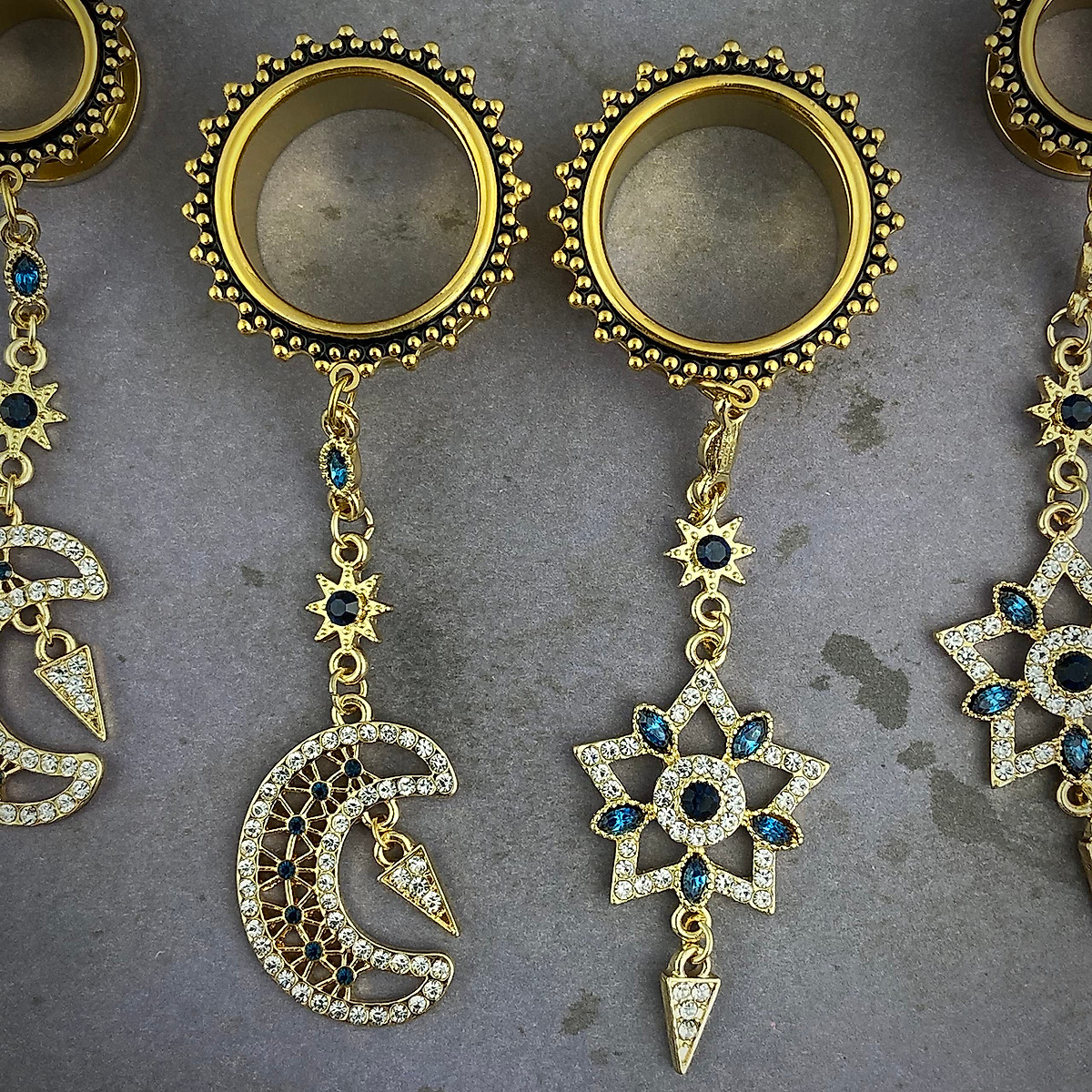 Mystic Metals Body Jewelry Pair of 316L Surgical Stainless Steel Dangle Tunnels with Gold Moon/Star (PS-272) (00g (10mm))