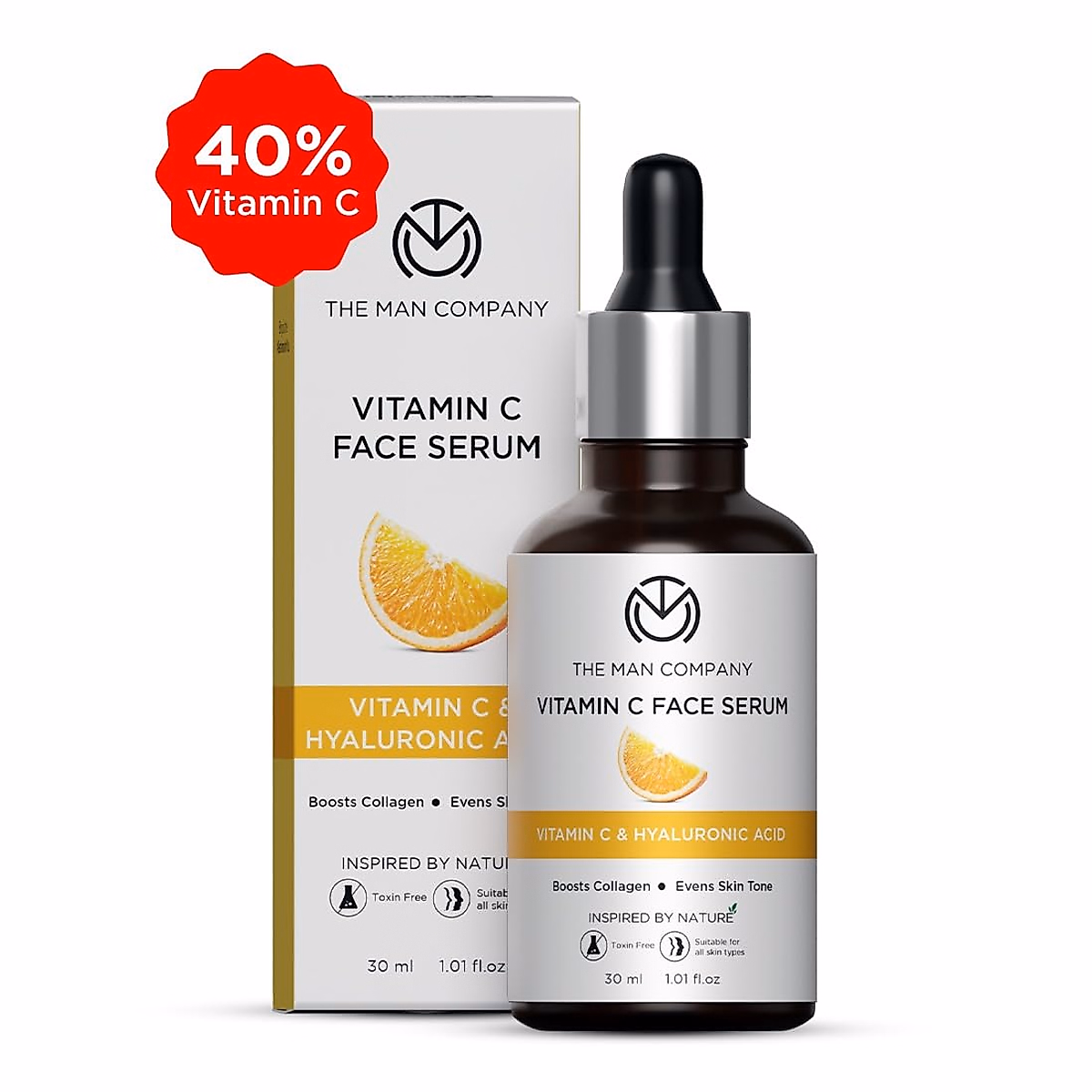 The Man Company 40% Vitamin C Face Serum With Hyaluronic Acid | Boosts Collagen | Glowing & Brightening Skin | Soft, Smooth & Supple | All Skin Types -30ml