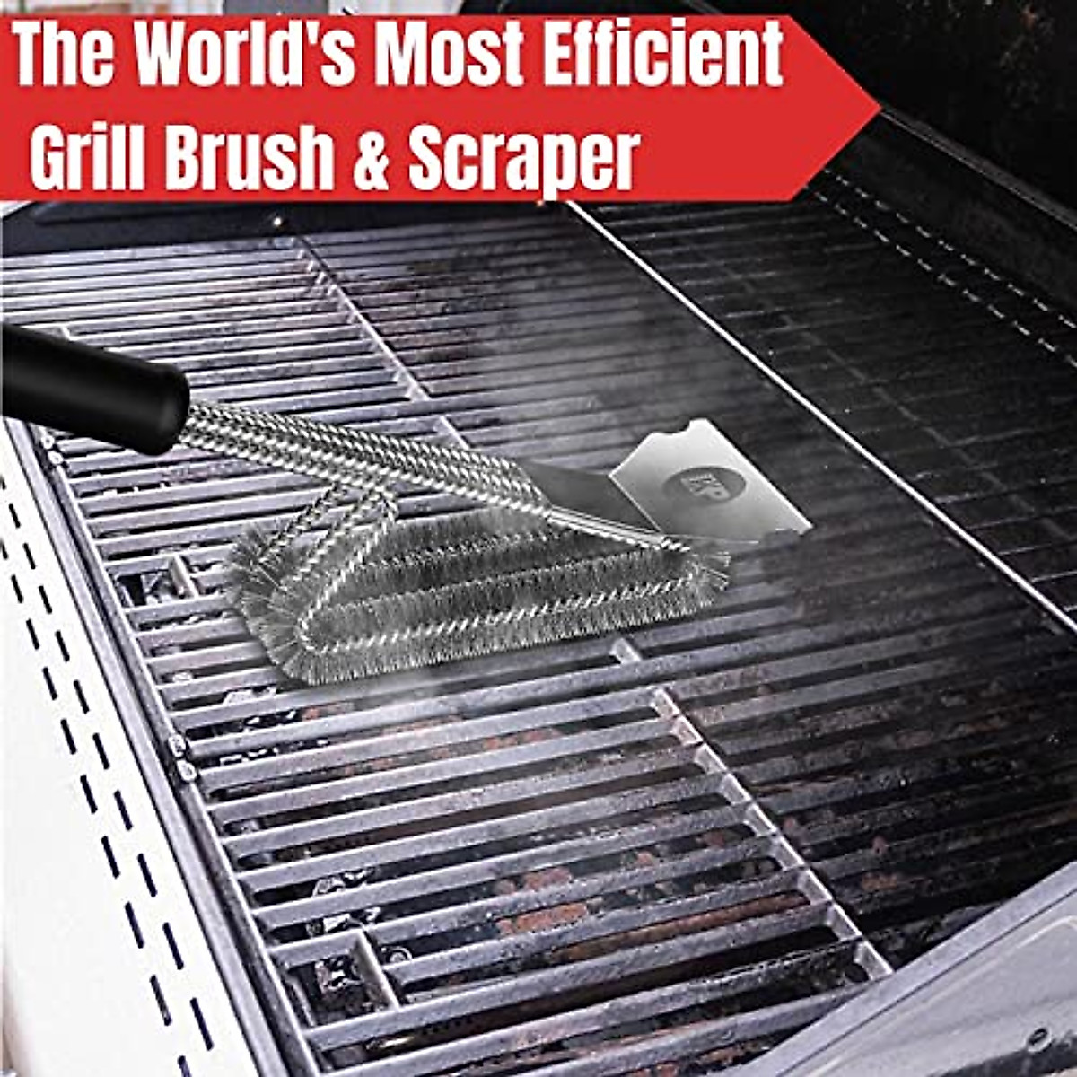 KP Grill Brush for Outdoor Grill – 3 in 1 BBQ Brush for Grill Cleaning & Grill Scraper w/Smart Grip Handle- Effortless Grill Cleaner Brush Grill Accessories +Bonus Metal Hanger & 3 Recipe eBooks