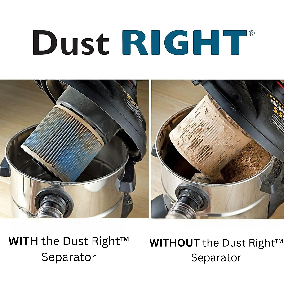 Dust Right Dust Separator + 36” Flex-Form Hose - Cyclone Dust Collector Separates Sawdust, Wood Chips, Debris, and More – 10-Gallon Translucent Bucket - Dust Collectors for Woodworking for Shop Vacs