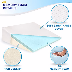 Bed Wedge Pillow Cooling Memory Foam Top – 8" 24" 24" Elevated Support Cushion, Triangle Wedge Pillow for Sleeping, Lower Back Pain, Acid Reflux, Heartburn, Allergies, Snoring – Removable Cover