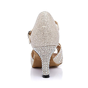 ROGMUJEN Women Latin Ballroom Practice Perfermence Rhinestones Dance Shoes Tango Salsa Party Dress Pump Dance Shoes,Champagne,7US,Ml375