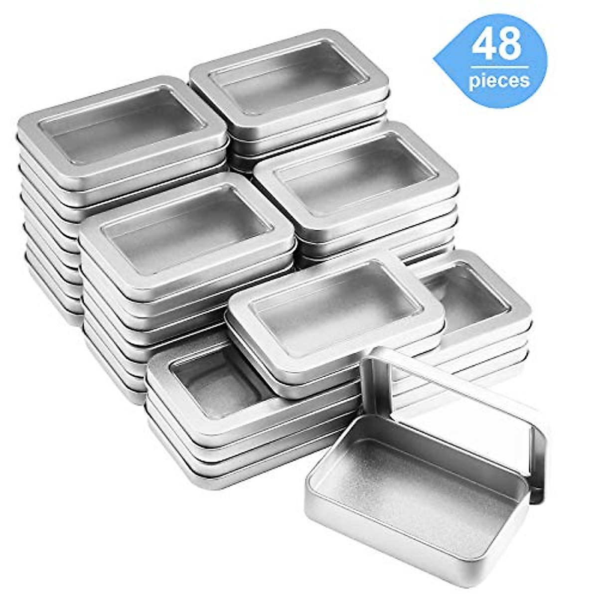 TecUnite Metal Tin Box Metal Tins With Lids Clear Top Tins Box Empty Storage Tins Case Rectangle Containers Can with Large Clear Window for Candles, Candies, Gifts, Balms and Treasures, Silver(48 Pieces)