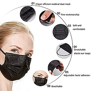 Hyegiir 100 Pack 3 Layers PLY Black Disposable Face Masks, Comfortable Elastic Earloops Face Masks,Sterile And Breathable for Daily Protection Air Pollution, Dust-proof