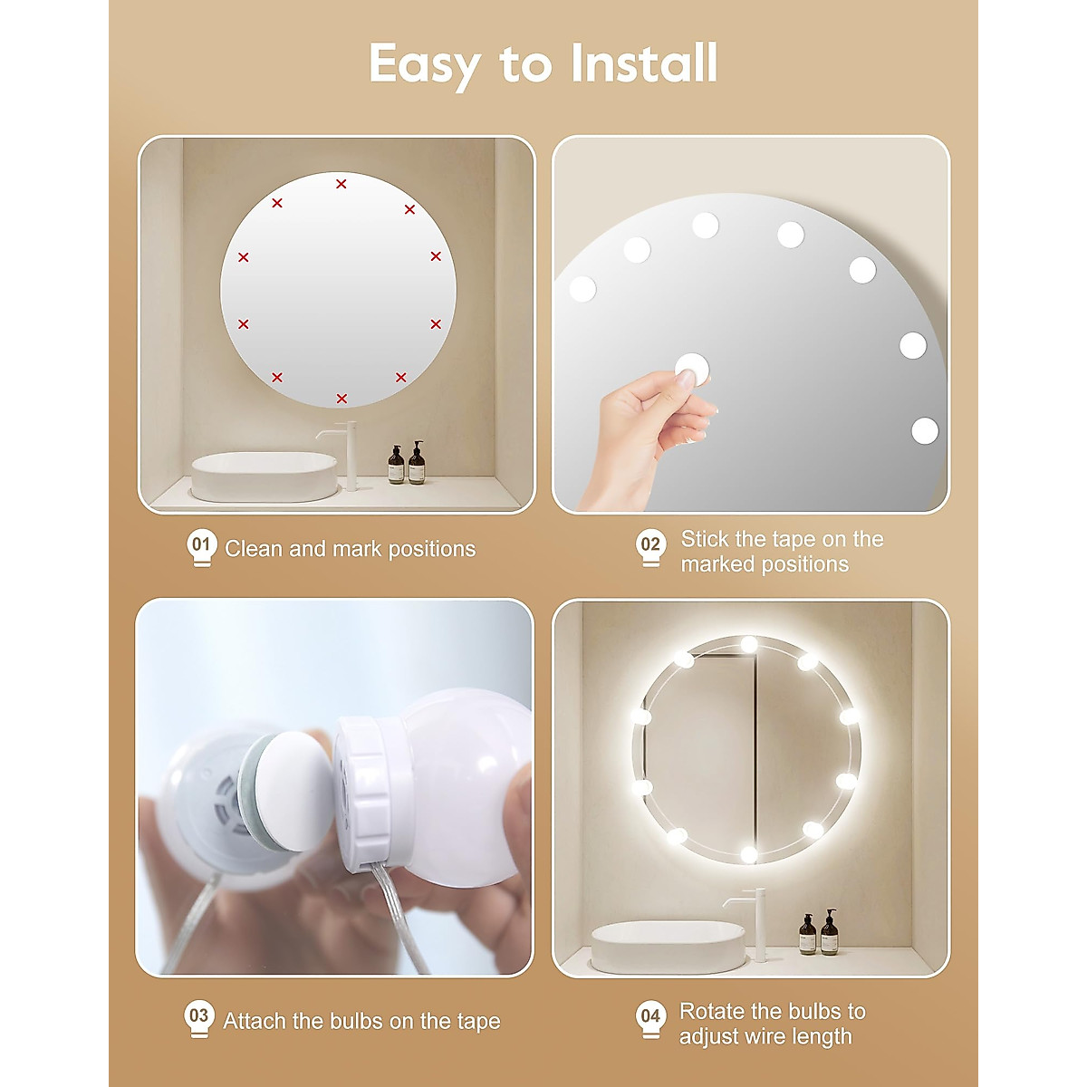 Brightown Hollywood Led Vanity Lights Strip Kit, with 14 Dimmable Light Bulbs for Full Body Length Mirror and Bathroom Wall Mirror, Plug in Mirror Lights with Power Supply, White (No Mirror Included)