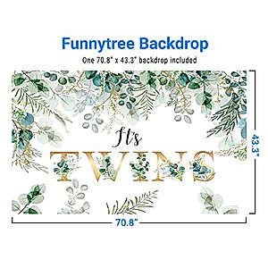 Funnytree 82" x 59" It's Twins Baby Shower Backdrop for Party Green Forest Leaves Birthday Photography Background Cake Table Decoration Banner Supplies Photo Booth Props