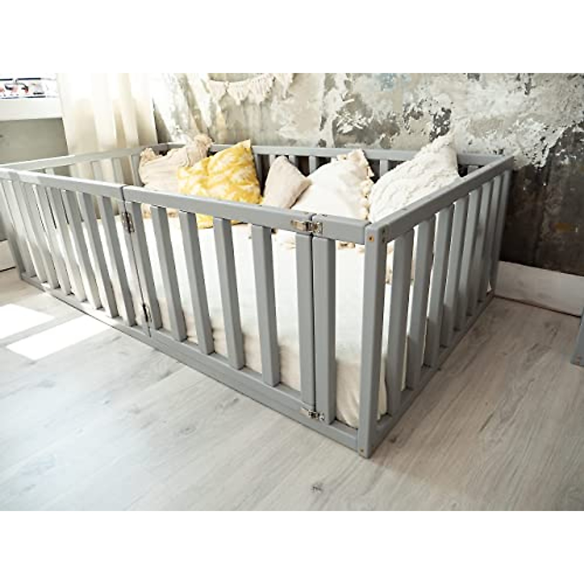 BUSYWOOD Montessori Floor Bed - Toddler Floor Bed - Play Pen - Kids Room Furniture - Wood Bed Fame - Toddler Bed with Rails - Children Play Gym - Waldorf toys (Model 6.2)