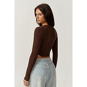 QINSEN Women's Long Sleeve Square Neck Crop Top Ribbed Slim Fitted Casual T-Shirt Tops Cinnamon XS