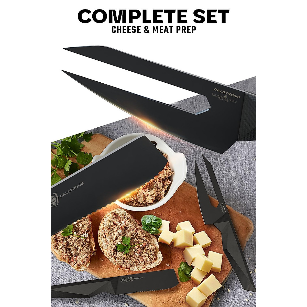 DALSTRONG Cheese Knife Set - 4-Piece - Shadow Black Series - Black Titanium Nitride Coated - High Carbon - 7CR17MOV-X Vacuum Treated Steel Cheese Knives Set - Sheath - Soft Hard Cheese - NSF Certified