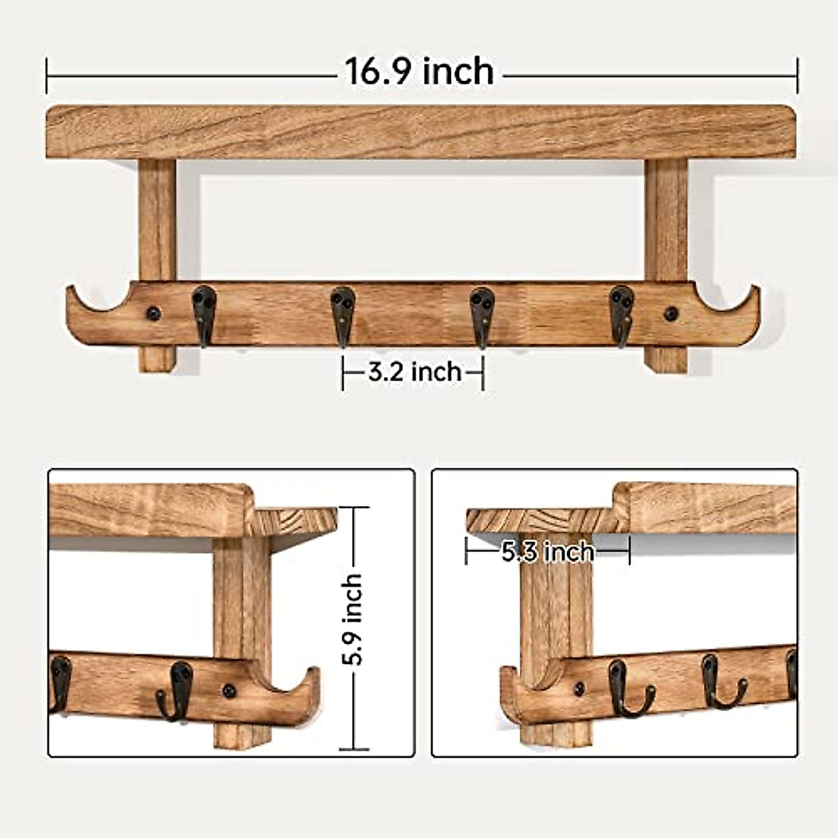 Emfogo Coat Rack Wall Mount Shelf with Hooks 17" Coat Hangers for Wall 6 Coat Hooks Wall Mounted for Kids, Bathroom, Entryway, Bedroom, Living Room