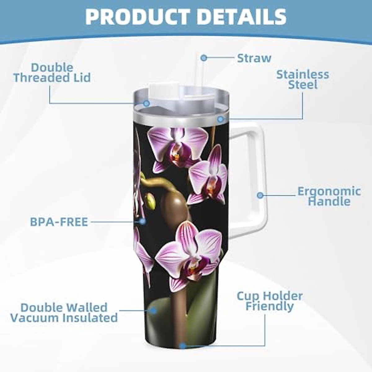 HULIBIN Bell orchid pattern Print Double Deck Stainless Steel Travel Coffee Cup With Lid 40 Oz Ice Bully Cup