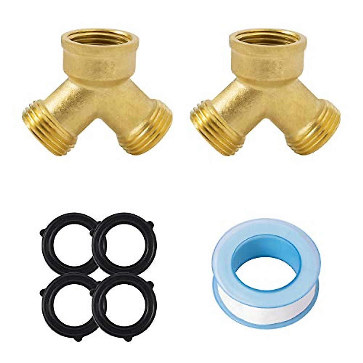 SUNGATOR 3/4 Inch No Lead Brass 2 Way Y Valve Garden Hose Connector 2-Pack Male Hose Thread Splitter Adapters with Extra 4 Rubber Hose Washers + 1 Sealing Tape