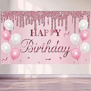Pink Rose Gold Birthday Banner Backdrop Decorations for Women Girls, Happy Birthday Sign Party Supplies, 16th 21st 30th 40th 50th 60th Bday Photo Props Background Decor
