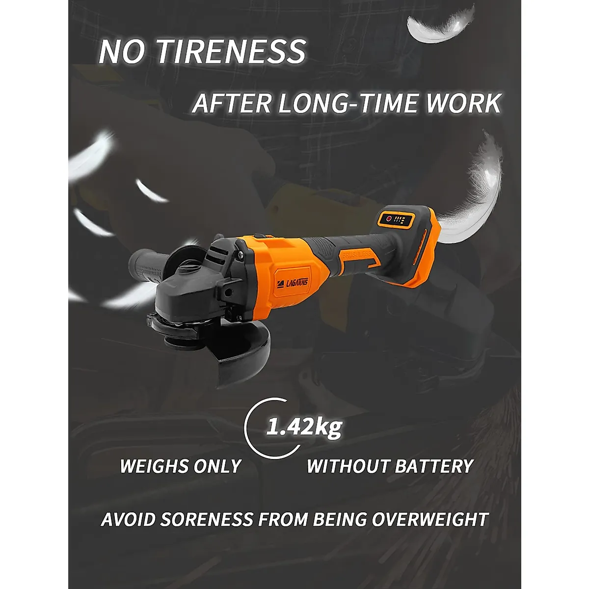 LAGATUNS Cordless Angle Grinder w/21V 6.0Ah Li-Ion Battery & Charger,Brushless Motor, 4-1/2'' Blade, Quick-Change Wheel Guard, 2-Position Handle, US Warranty (Renewed)
