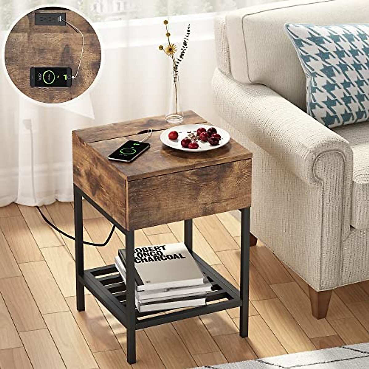 ChooChoo Nightstand with Charging Station and USB Ports, Rustic Side End Table with Drawer and Metal Shelf, Bedside Table for Small Spaces, Bedroom, Rustic Brown