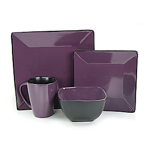 Elama Stoneware Square Dinnerware Dish Set, 16 Piece, Solid Purple
