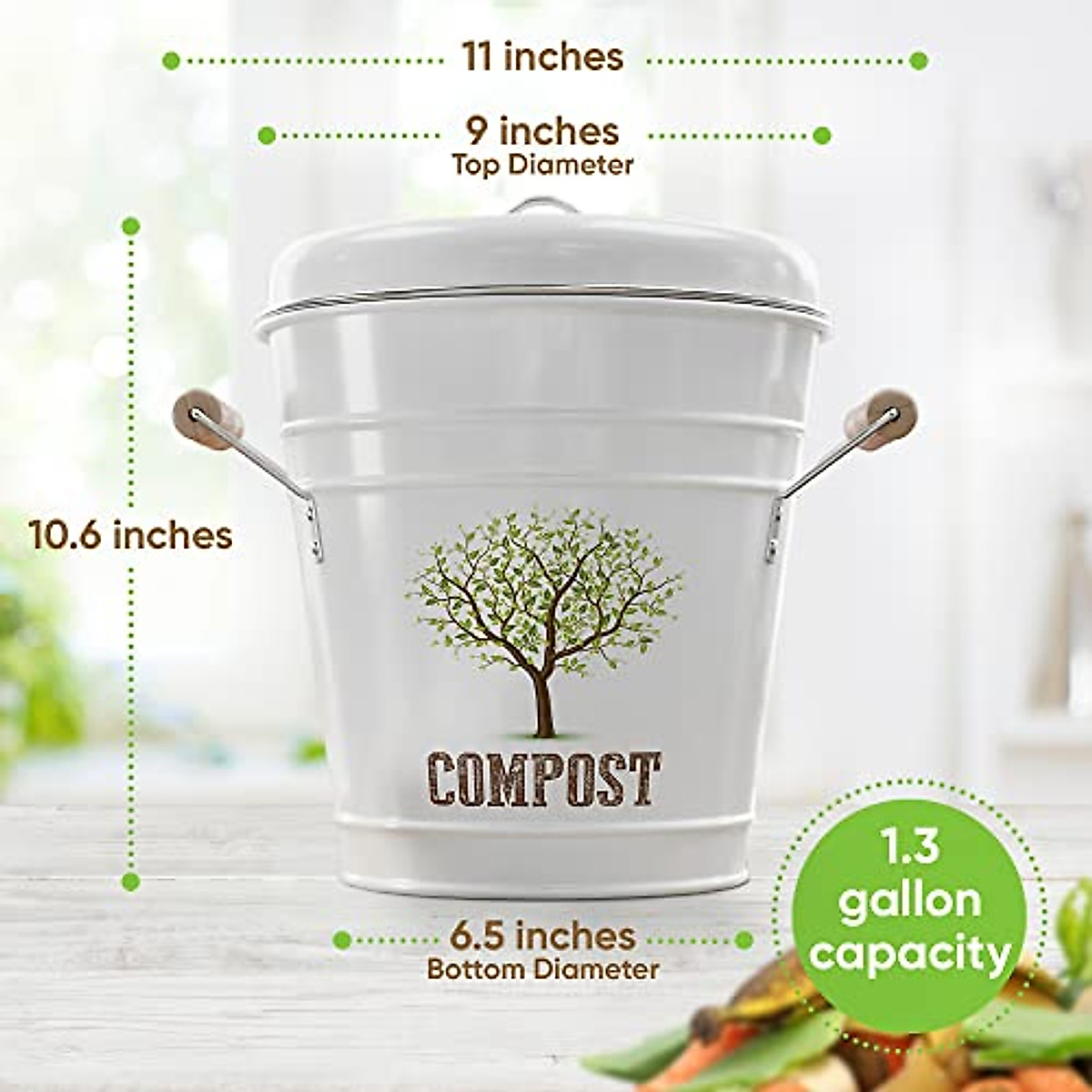 Third Rock - 1.3 Gallon Traditional Kitchen Compost Bin - White - with 3 Years Supply of Charcoal Filter Replacements