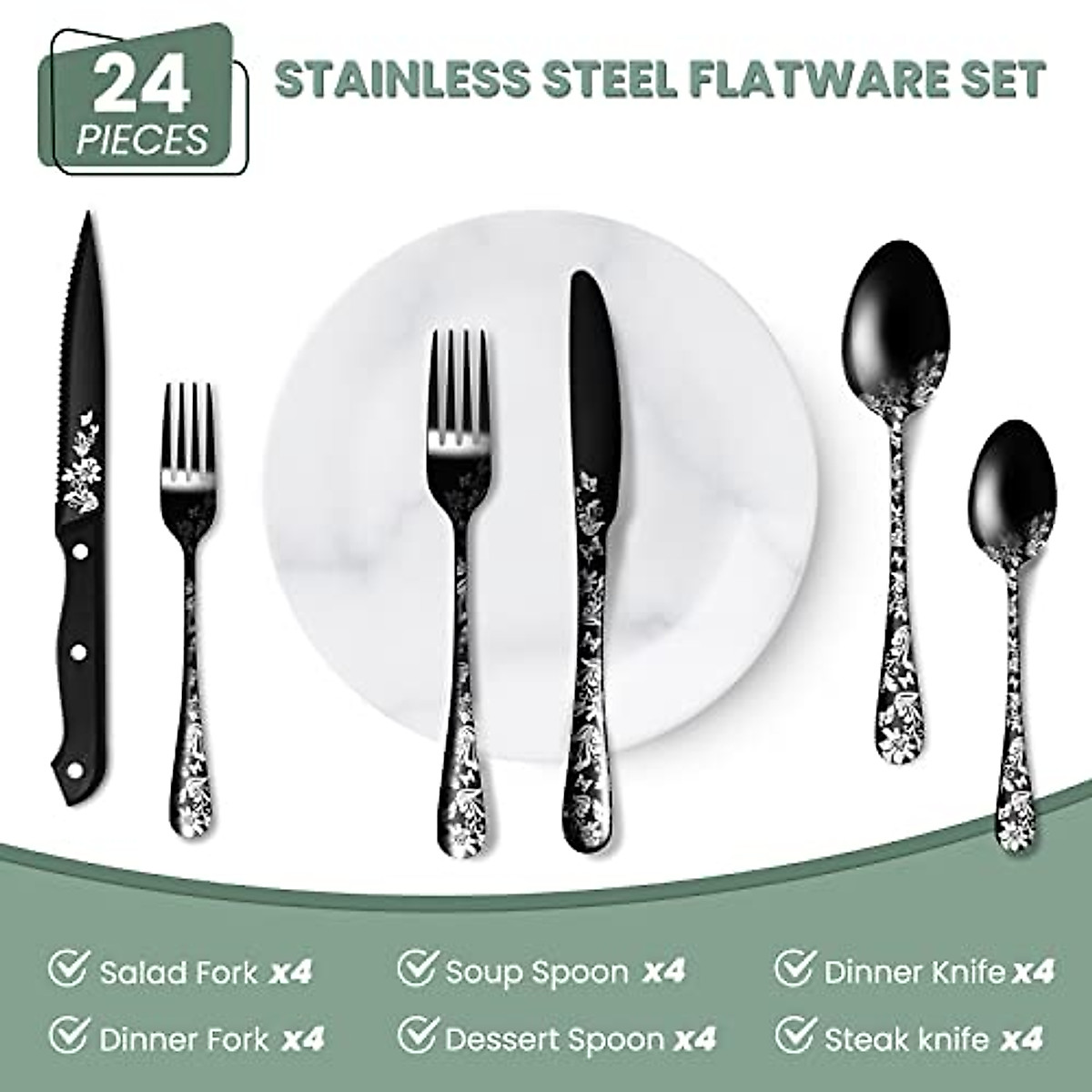 MOVNO 24-Piece Black Silverware Set, Food-Grade Stainless Steel Black Flatware Cutlery Set Service for 4, Durable Metal Tableware Utensils Set with Fork Spoon Knife, Mirror Polished