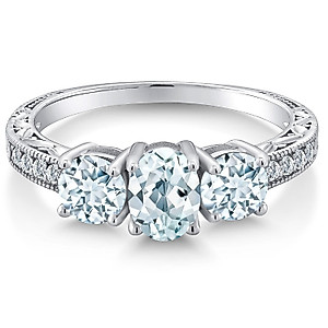 Gem Stone King 925 Sterling Silver Sky Blue Aquamarine 3-Stone Engagement Ring For Women (1.87 Cttw, Oval Available in size 5, 6, 7, 8, 9)