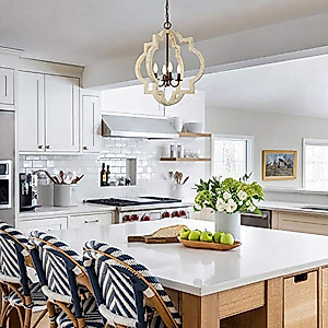 LOG BARN Farmhouse Chandelier, Handmade Distressed White Large Wood Light Fixture for Dining Room, Bedroom, Foyer, Entryway and Living Room