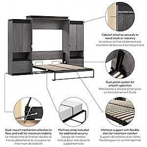 Bestar Orion Queen Murphy Bed with Storage Cabinets and Pull-Out Shelves (126W) in Bark Grey and Graphite, Sleeping Arrangement with Organization