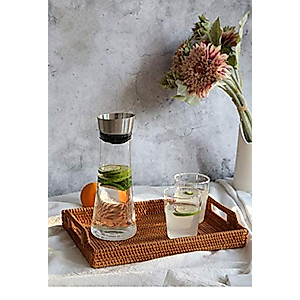 Hand-Woven Rattan Rectangular Serving Tray with Handles for Breakfast, Drinks, Snack for Coffee Table (14.5x10.2x1.4inches)