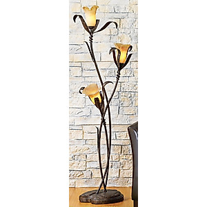 Franklin Iron Works Rustic Farmhouse Sculptural Floor Lamp Standing 68 1/4" Tall Bronze Gold 3-Light Amber Glass Intertwined Lily Flower Shade for Living Room Reading Bedroom Office House Home