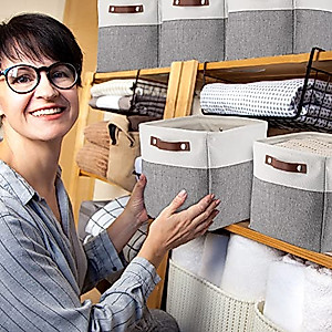 8 Pack Foldable Storage Cubes Baskets, Fabric Cube Storage Bins Collapsible Storage Basket with Leather Handles for Toy Clothes Kids Room Closet Nursery Storage (Gray)