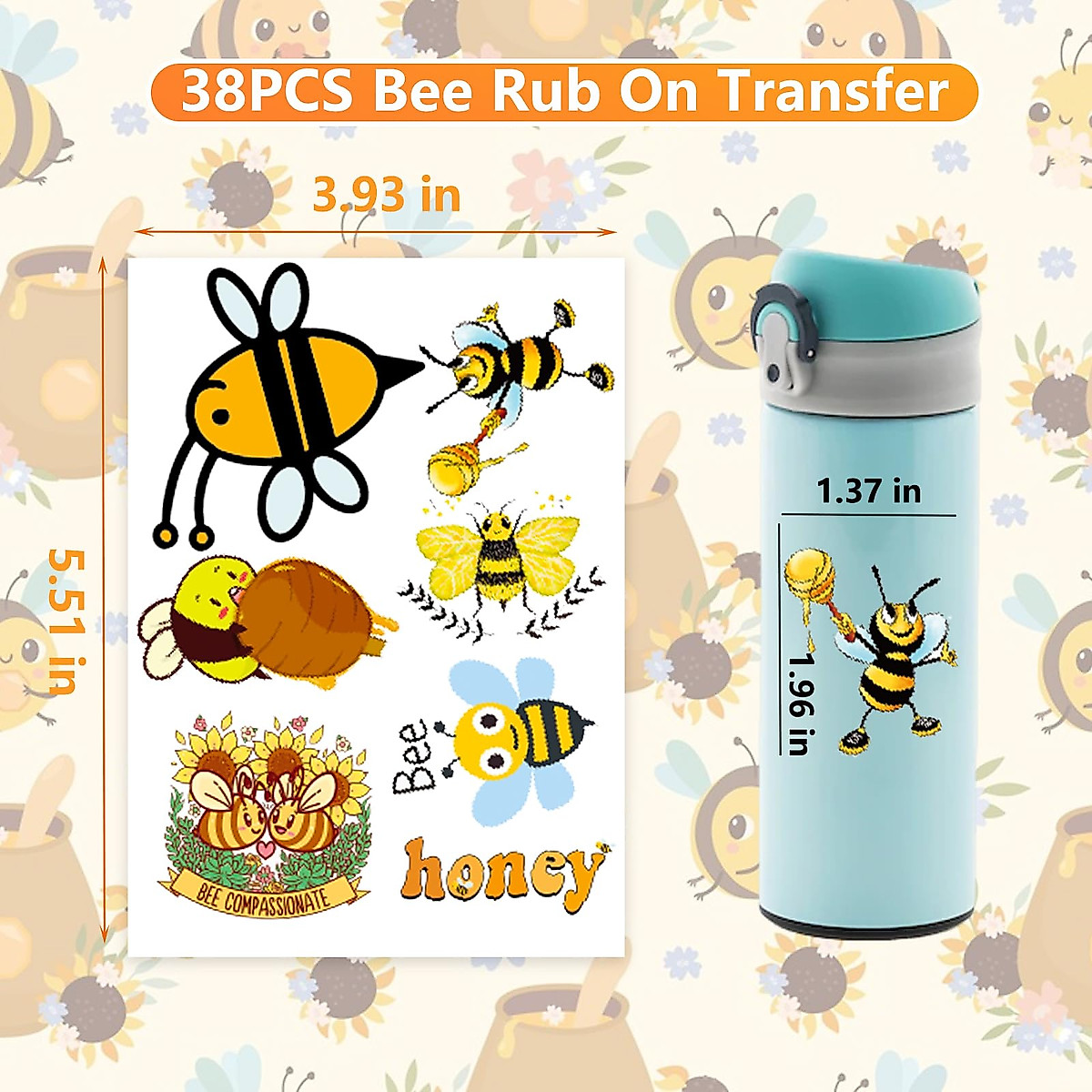 6 Sheets Bee Rub On Transfers for Crafts, 5.5 x 4 Inch Rub On Transfers Stickers, Bee Rub-On Transfers Decals for DIY Wood Paper Water Bottle (Bee)