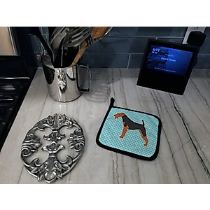 Caroline's Treasures BB3685PTHD Welsh Terrier Checkerboard Blue Pair of Pot Holders Kitchen Heat Resistant Pot Holders Sets Oven Hot Pads for Cooking Baking BBQ, 7 1/2 x 7 1/2