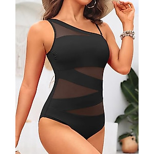 Tempt Me Black Women One Piece Swimsuit One Shoulder Bathing Suits Cutout Mesh Swimwear XL