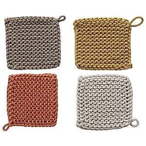 Creative Co-Op Square Cotton Crocheted Potholders/Hot Pads (Set of 4 Colors) Pot Holders, Multicolor, 4 Count