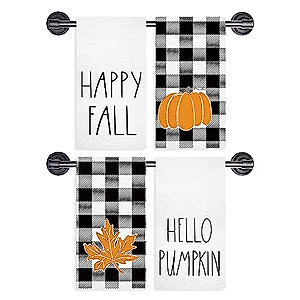 GAGEC Fall Kitchen Towels Buffalo Plaid Pumpkin Maple Leaf Fall Dish Towels Set of 4, Autumn Holiday Tea Towel 18 x 26 Inch Hand Drying Cloth Towel for Kitchen Home Decoration