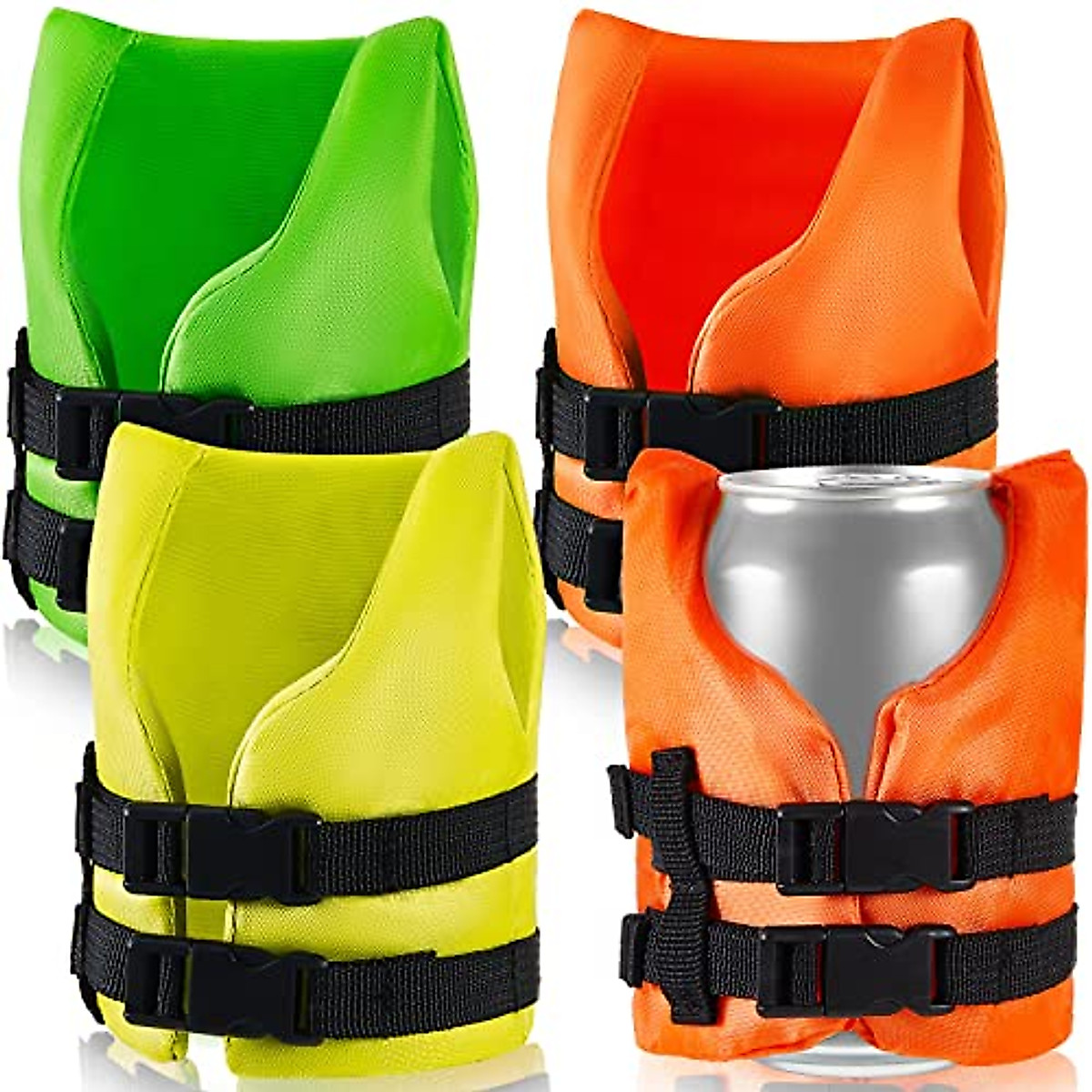3 Pcs Puffer Jacket Cup Holder Life Vest Can Cooler Life Preserver Wine Bottle Cover Insulated Beverage Cooler Jacket Cover Cooler for Valentine Gift (Orange, Yellow and Fluorescent Green)